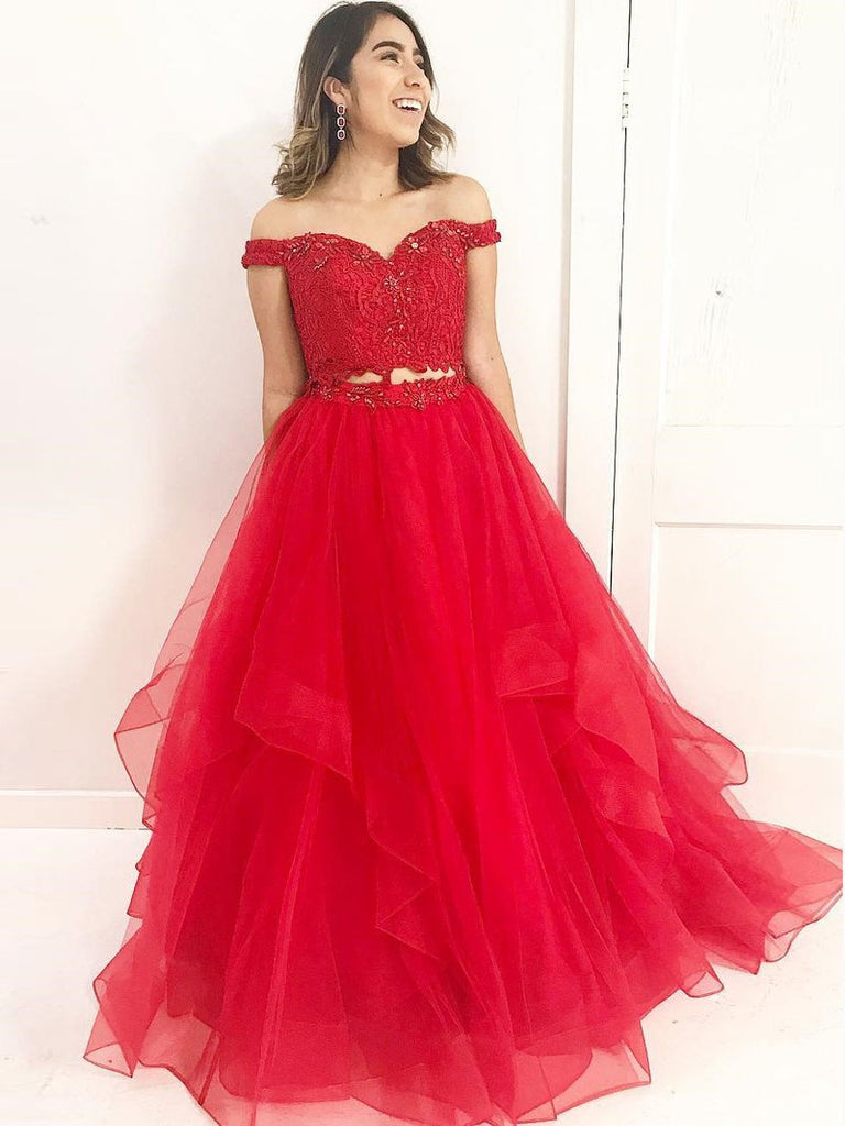 Two Piece Prom Dresses Off The Shoulder A Line Long Red Prom Dress Jkl