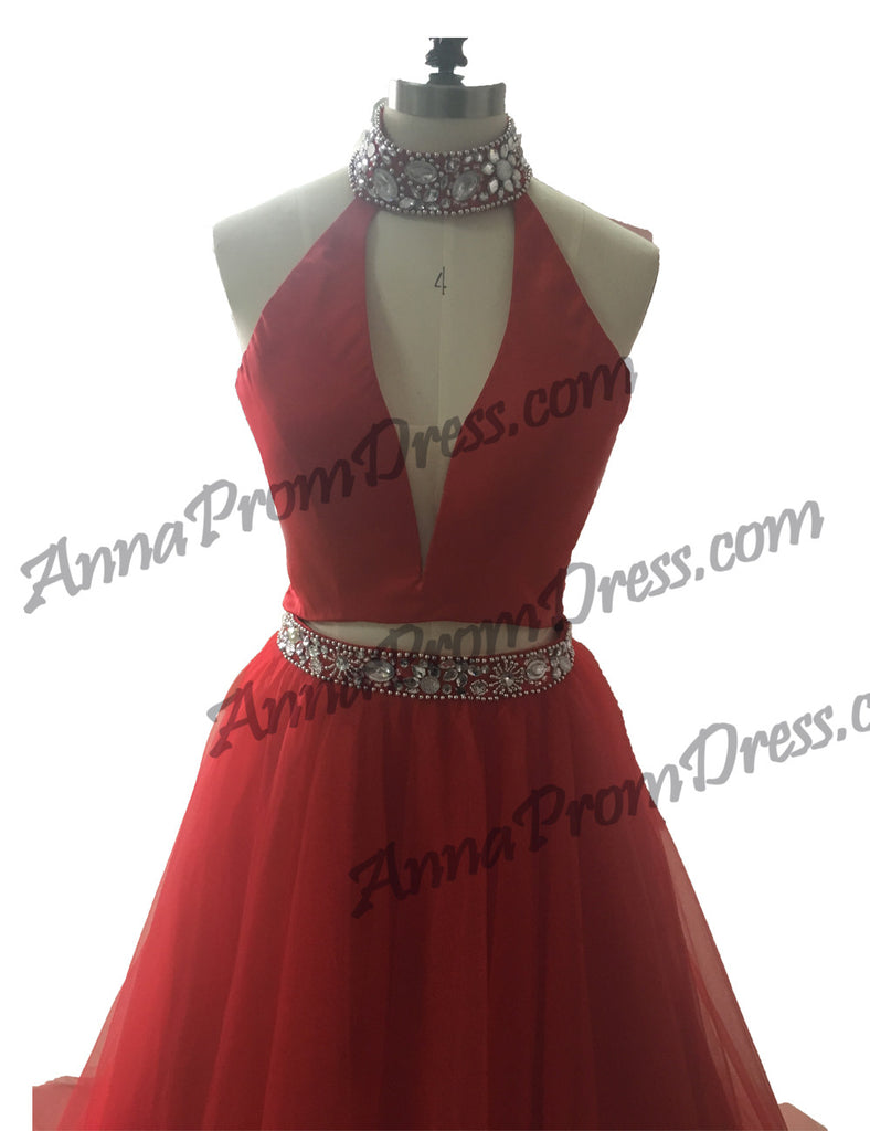 Two Piece Prom Dress A Line High Neck Floor Length Long Prom Dress Sex