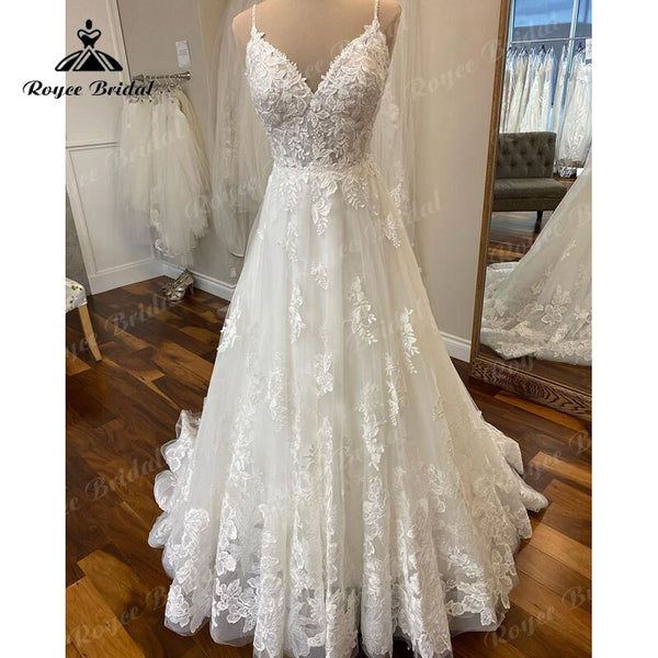 Lace Appliques V Neck Spaghetti Straps Boho A Line Wedding Dress 2023