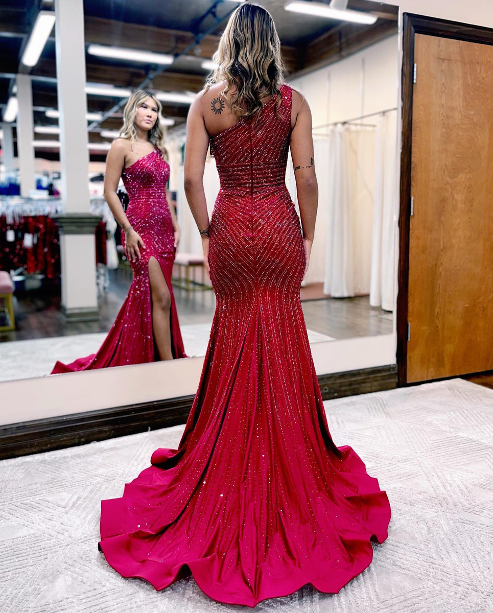 Red Mermaid One Sholder Prom Dress With Split Prom Dress 2023