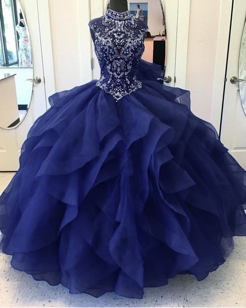 Fantastic High Neck Navy Blue Bodice Corset Ball Gown Sweet 16 Quincea