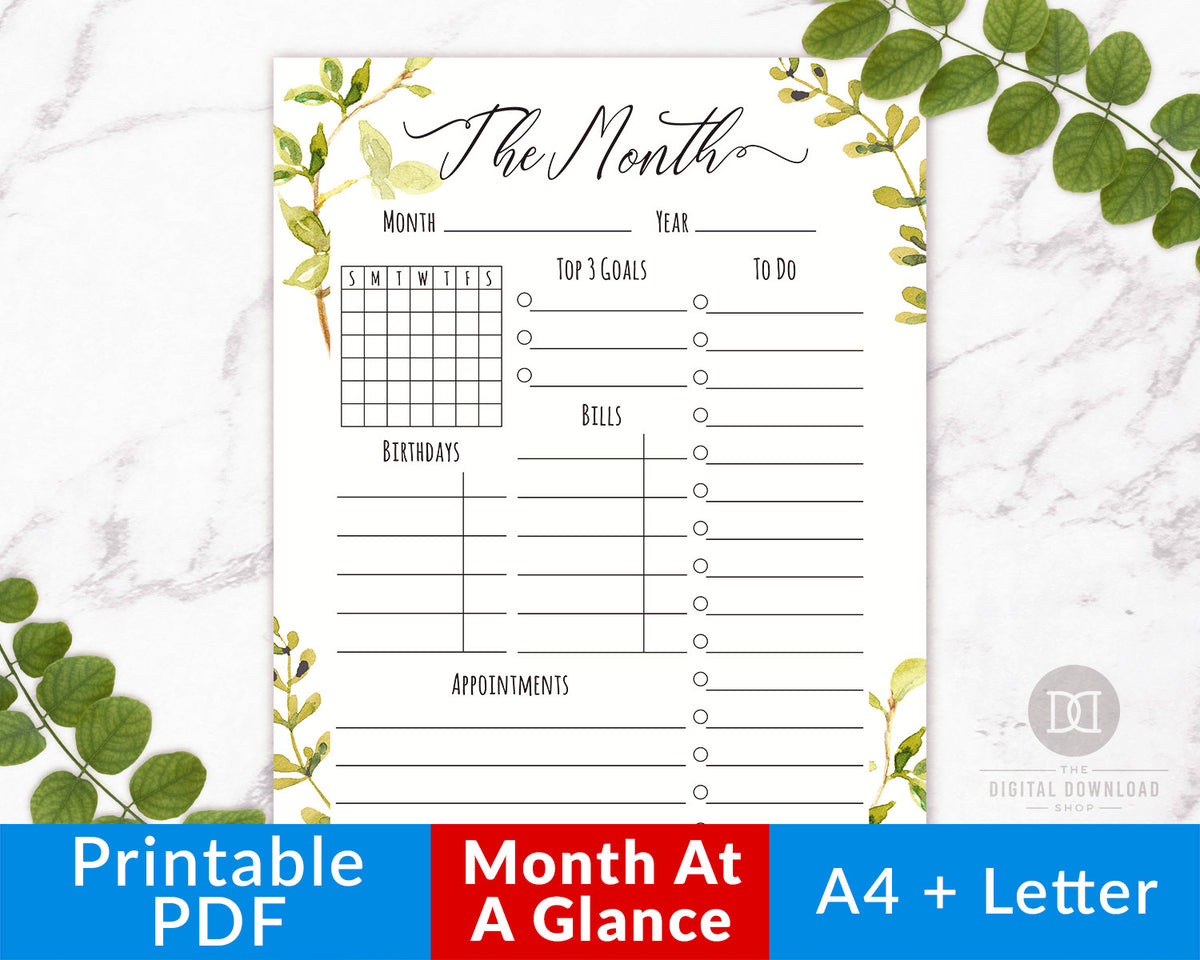 Month At A Glance Printable Watercolor Greenery The Digital Download