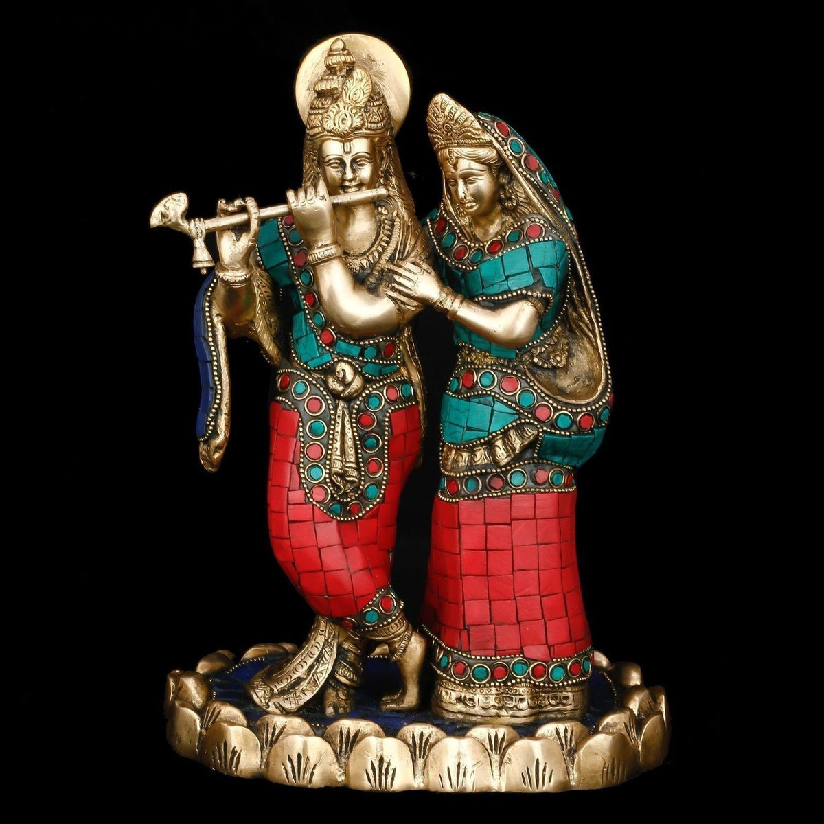 Brass Turquoise Radha Krishna Statue Holyhindustore