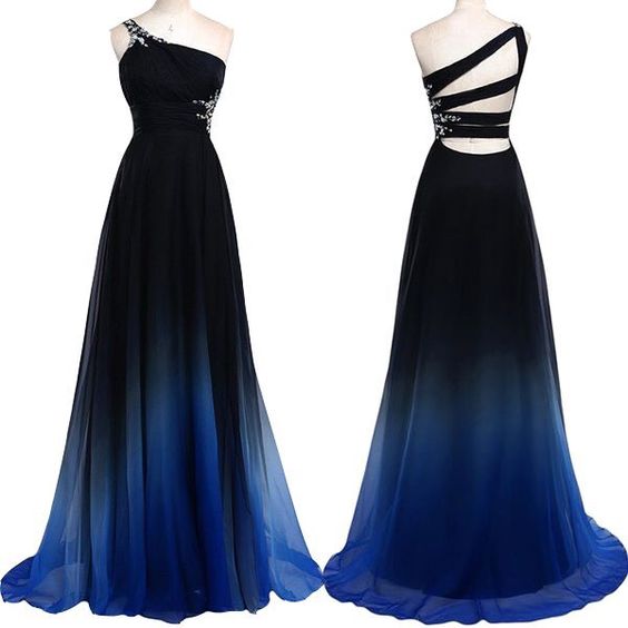 Navy Blue Gradient Long Prom Dresses One Shoulder Royal Blue Ombre Prom