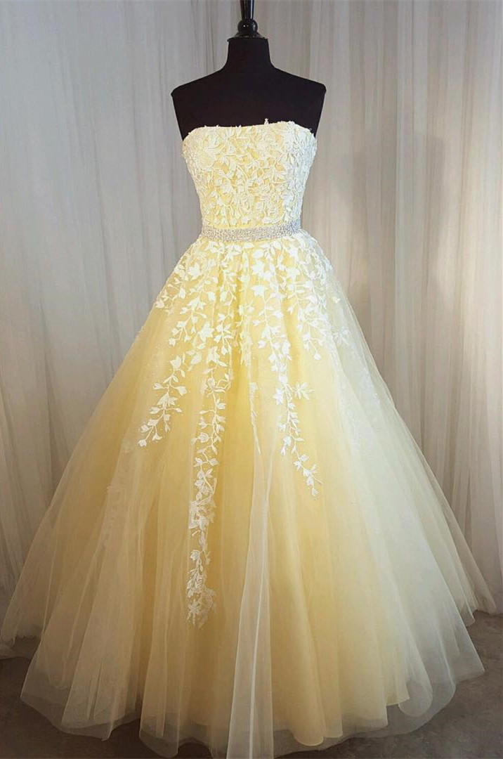 New Arrival Strapless Yellow Appliques Tulle Prom Dress Sexy