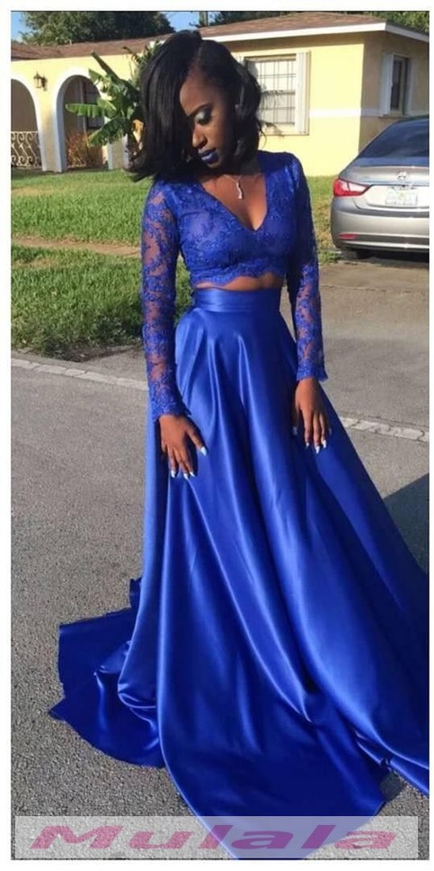 Royal Blue Two Piece Prom Dresses2018 Long Sleeves Black Girl Prom