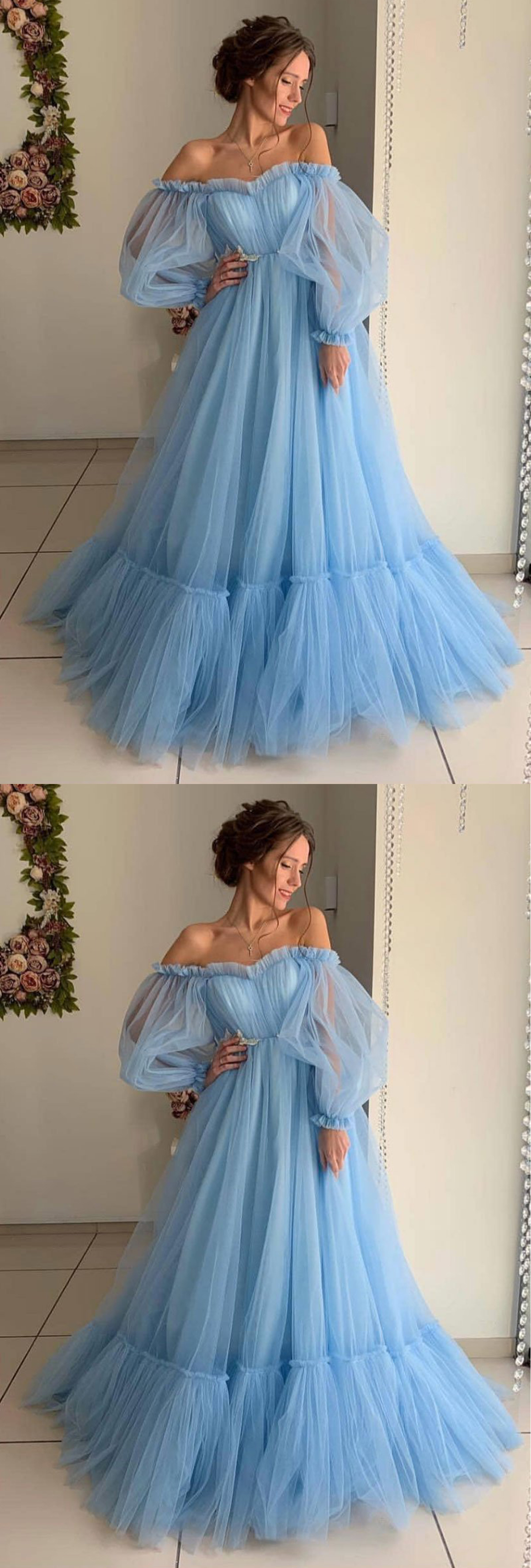 Blue Tulle Off Shoulder Puffy Sleeves Long Prom Dress Evening Dress On