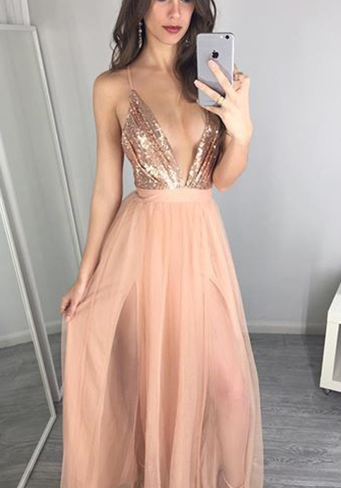 Sexy Sequined Deep V Neck Prom Dress 2019 Floor Length Side Slit