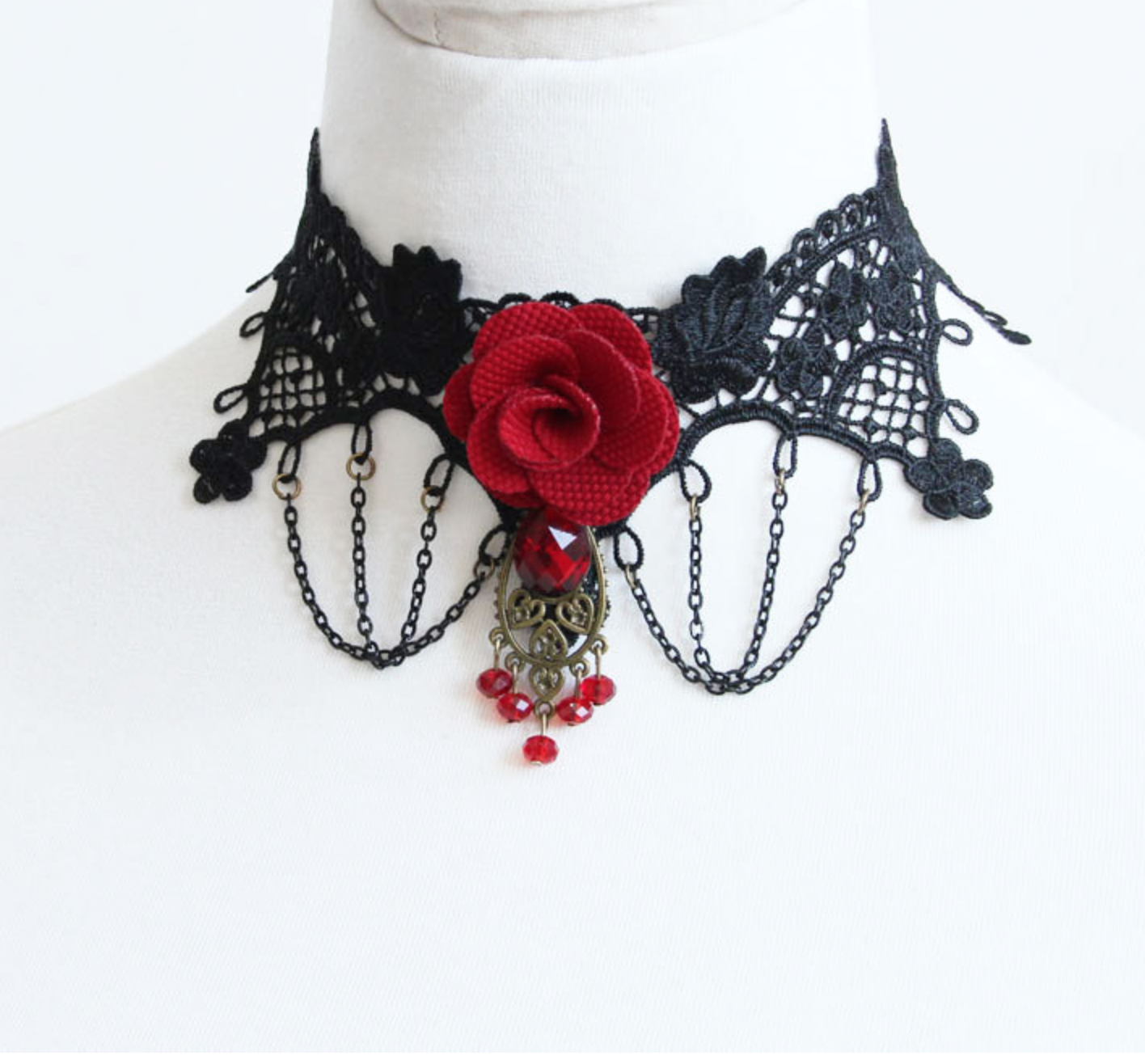 Black Floral Lace Red Rose Drop Tassel Chain Gothic Goth Lolita Choker