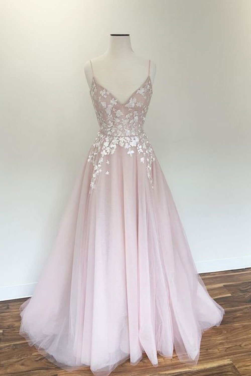 Light Pink V Neck Tulle Applique Long Prom Dress Pink Evening Dress On