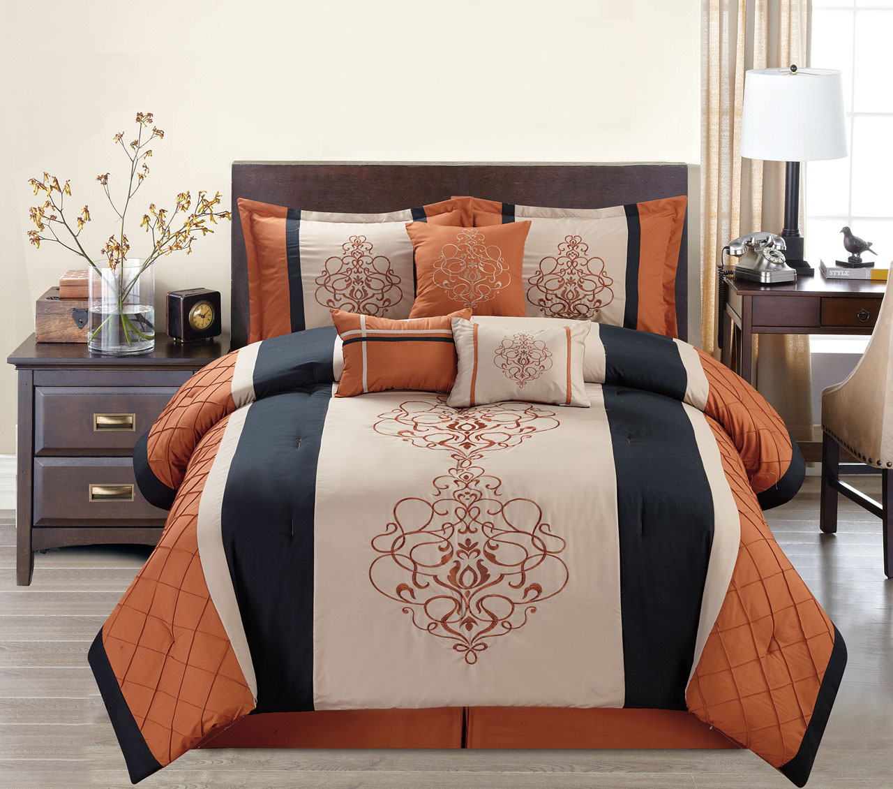 7 Piece Rusttaupe Floral Embroidered Comforter Set