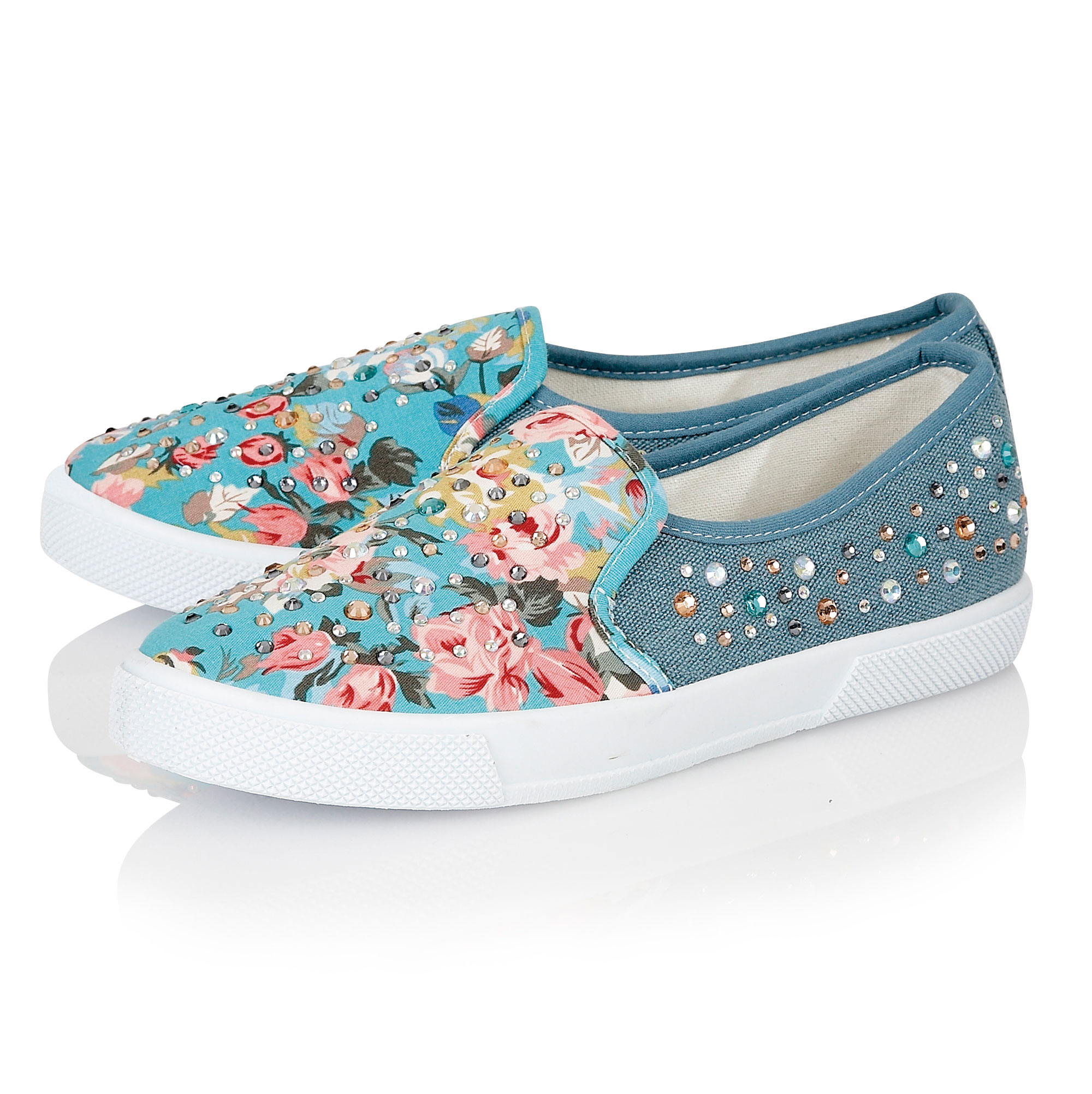 Ladies Girls Slip On Flat Plimsolls Sneakers Canvas Casual Pumps Floral