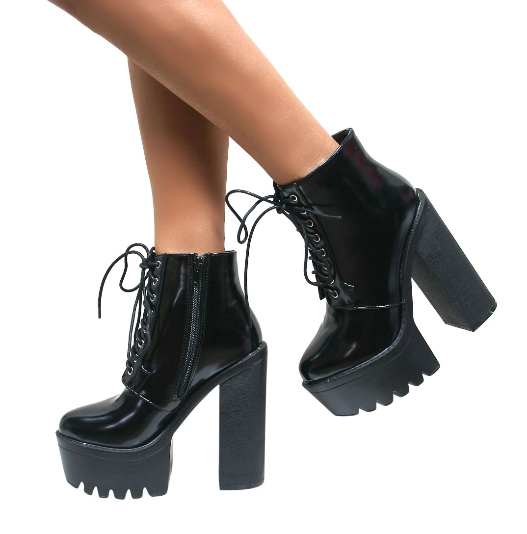 Womens Ladies Platform Cleated Sole Chunky Block High Heel Ankle Boots