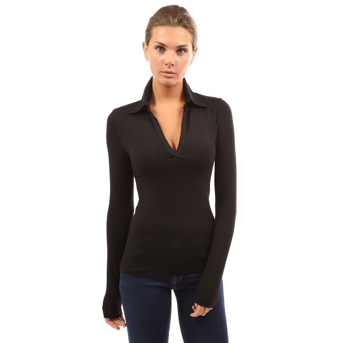 Womens Collar Blouses Deep V Neck High Stretch Long Sleeve Shirt T