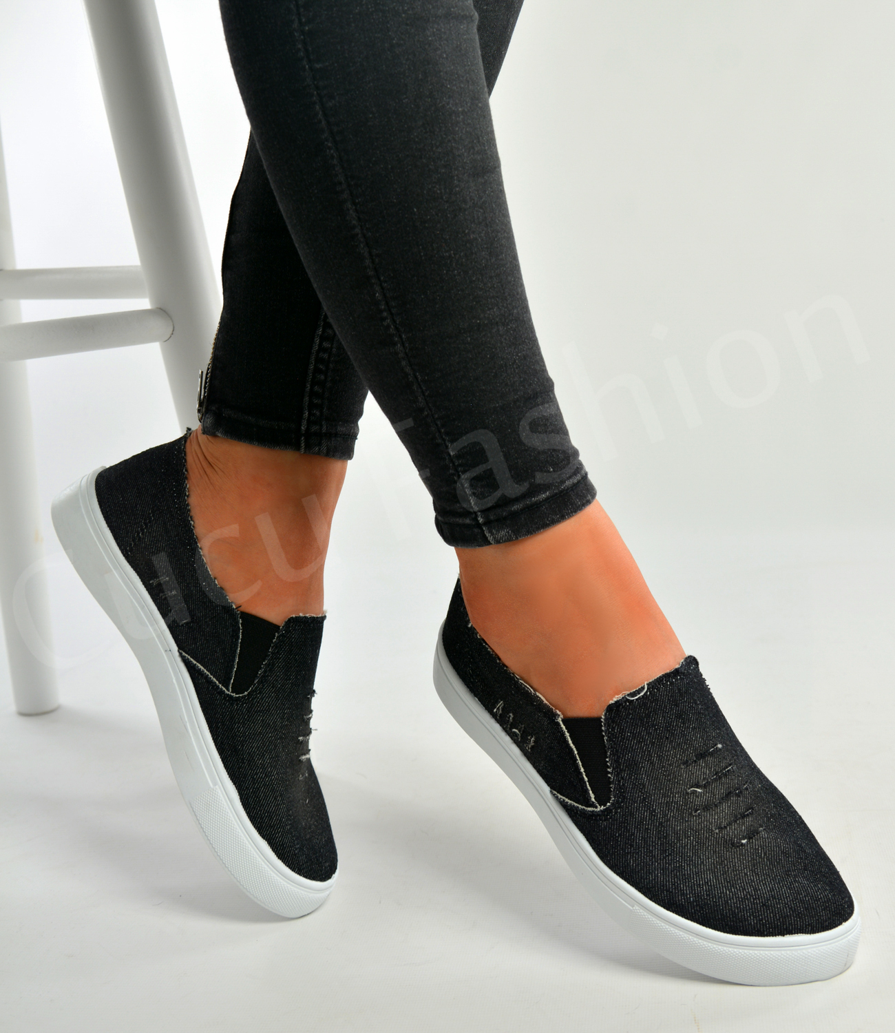 New Womens Denim Canvas Slip On Flat Trainers Ladies Casual Pump Shoes