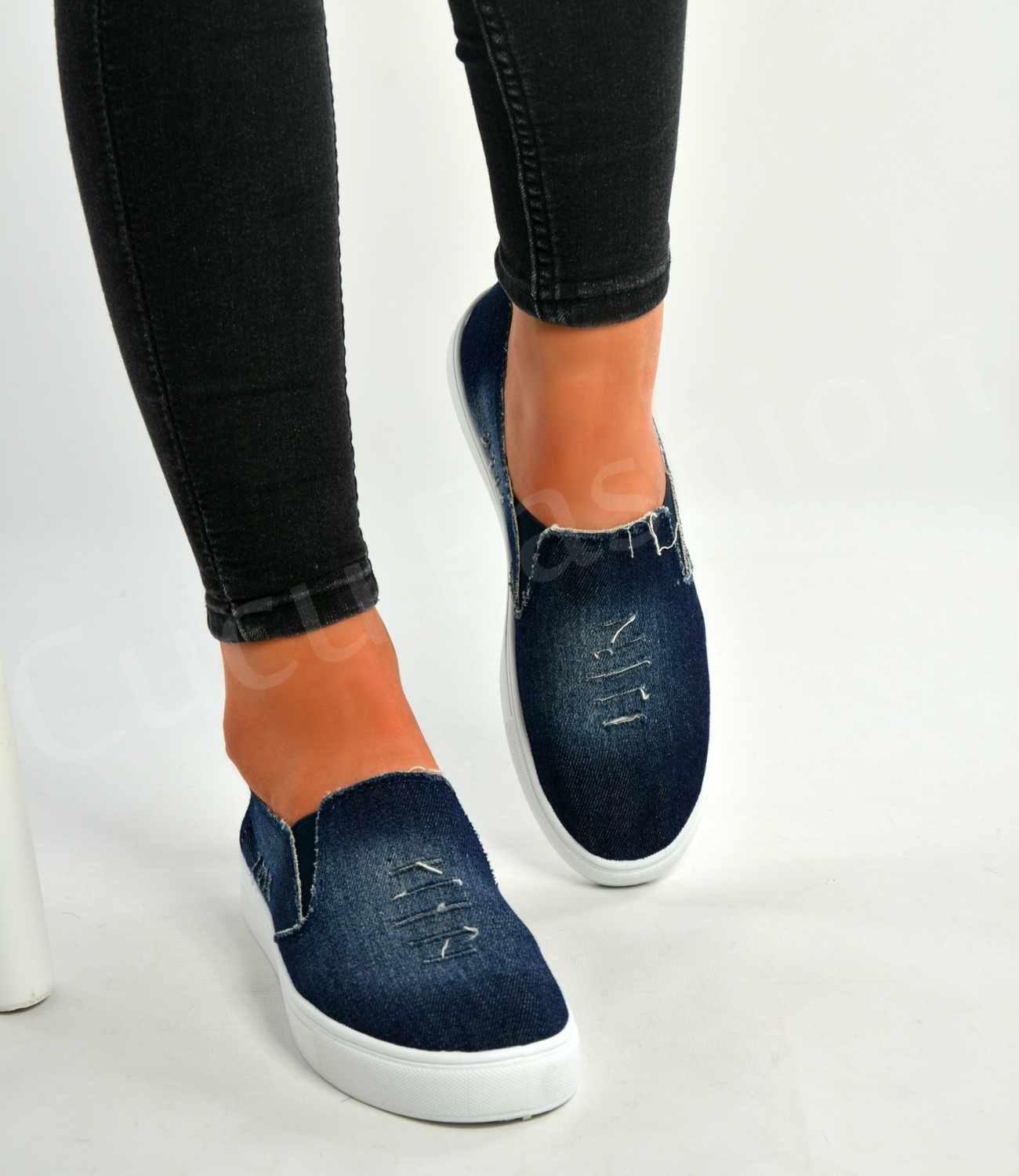 New Womens Denim Canvas Slip On Flat Trainers Ladies Casual Pump Shoes