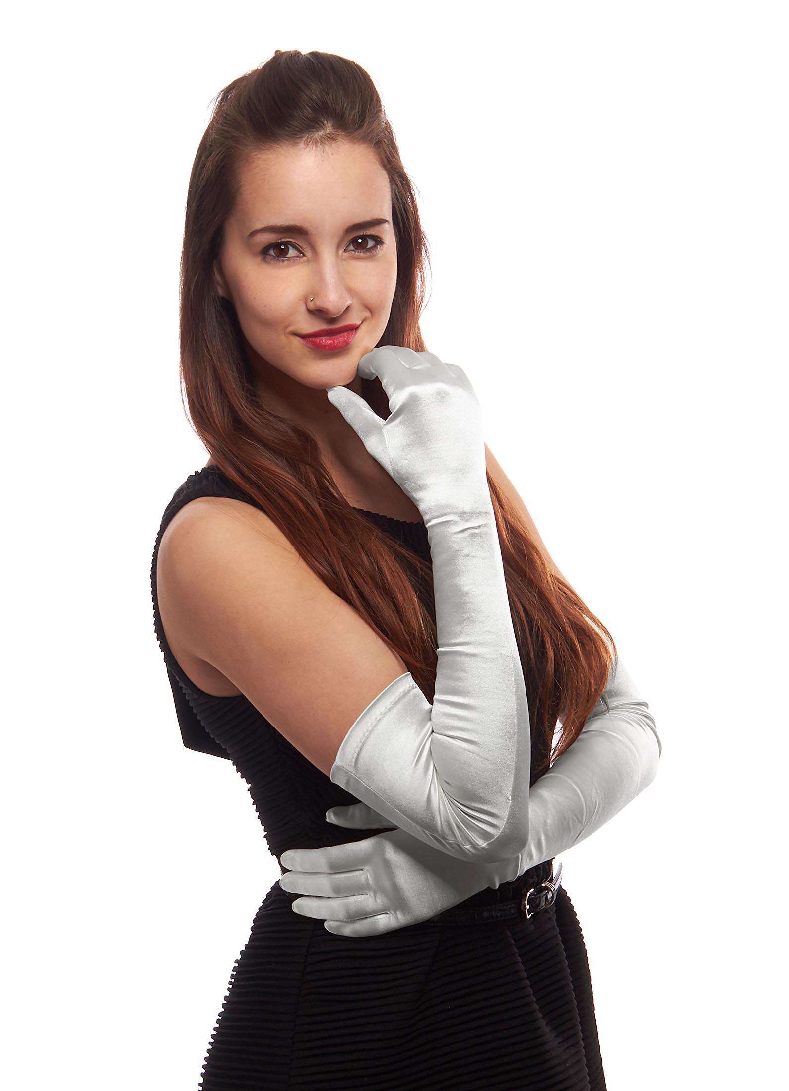 Glamorous Gala Satin Opera Length Gloves With Pearlized Buttons