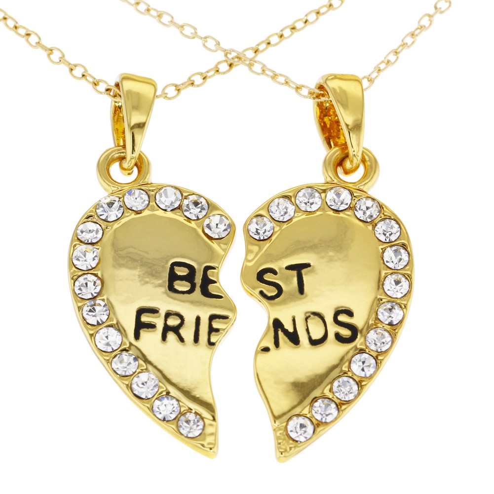 14k Gold Plated Best Friends Forever Clear Crystals Heart Necklace