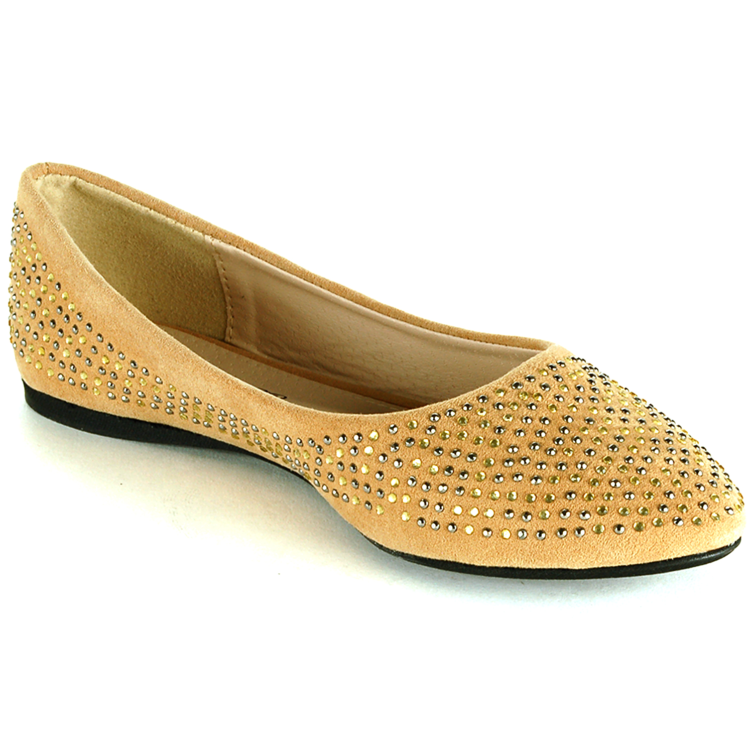 Womens Ballet Flats Slip On Rhinestone Shoe Faux Suede Round Pointed