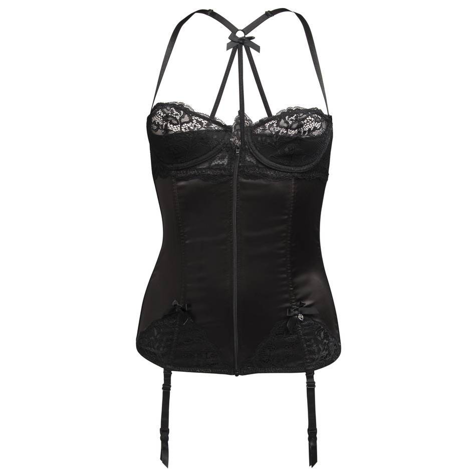 Lovehoney Plus Size Underwired Front Fastening Satin Basque Set Black