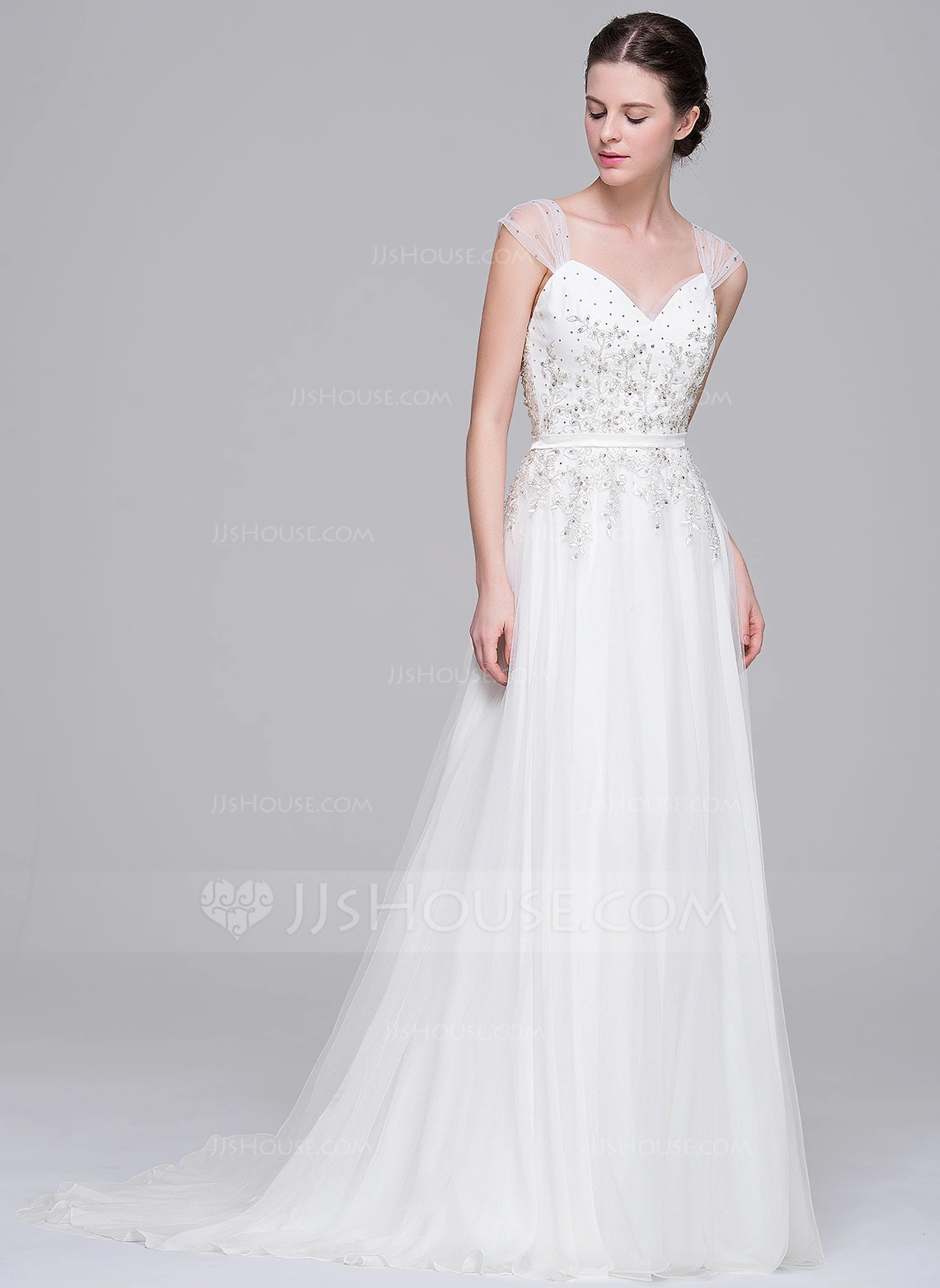 A Lineprincess Sweetheart Sweep Train Tulle Wedding Dress With Beading