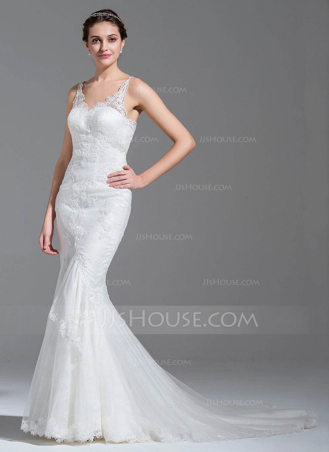 Trumpetmermaid V Neck Court Train Tulle Lace Wedding Dress 002078686