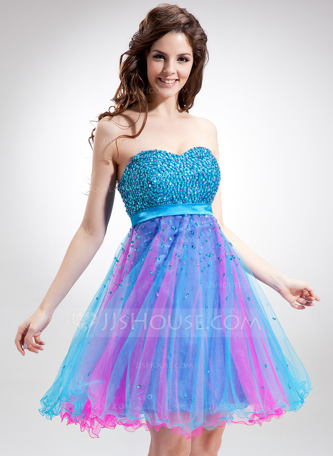 Empire Sweetheart Knee Length Tulle Homecoming Dress With Beading