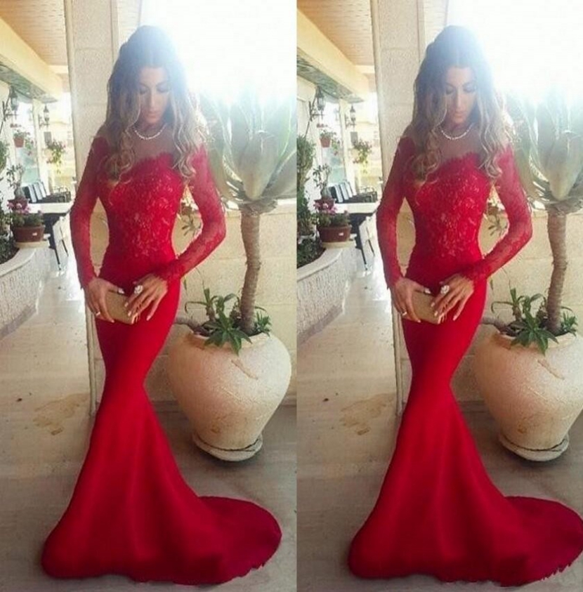 Red Lace Prom Dresslong Sleeve Mermaid Prom Dresscustom Made Evening