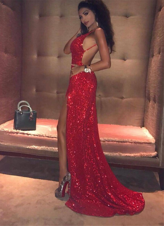 New Arrival Spaghetti Straps Bling Red Prom Dress2018 Prom Dresses