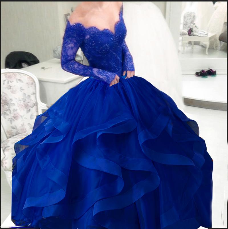 Royal Blue Puffy Ball Gown Organza Prom Dress Long Sleeves Off The