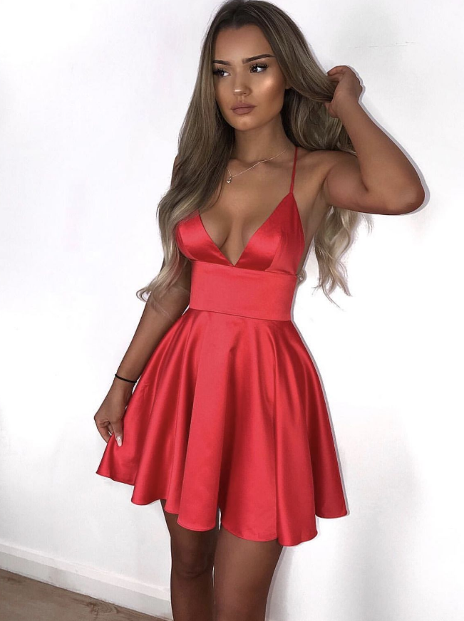 Spaghetti Straps Deep V Neck Red Short Prom Dresscocktail Dresses