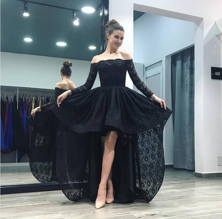 Sexy Long Sleeves Black Hi Low Prom Dresses Homecoming Dress