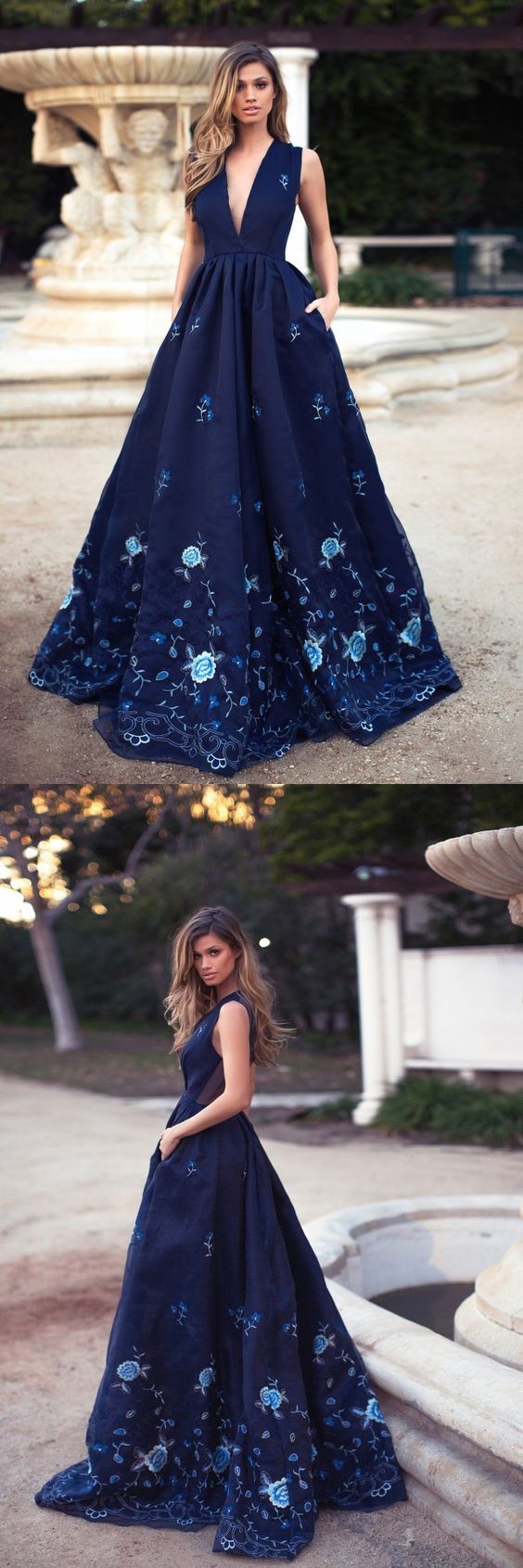 A Line Deep V Neck Navy Blue Evening Prom Dress With Appliques Pockets