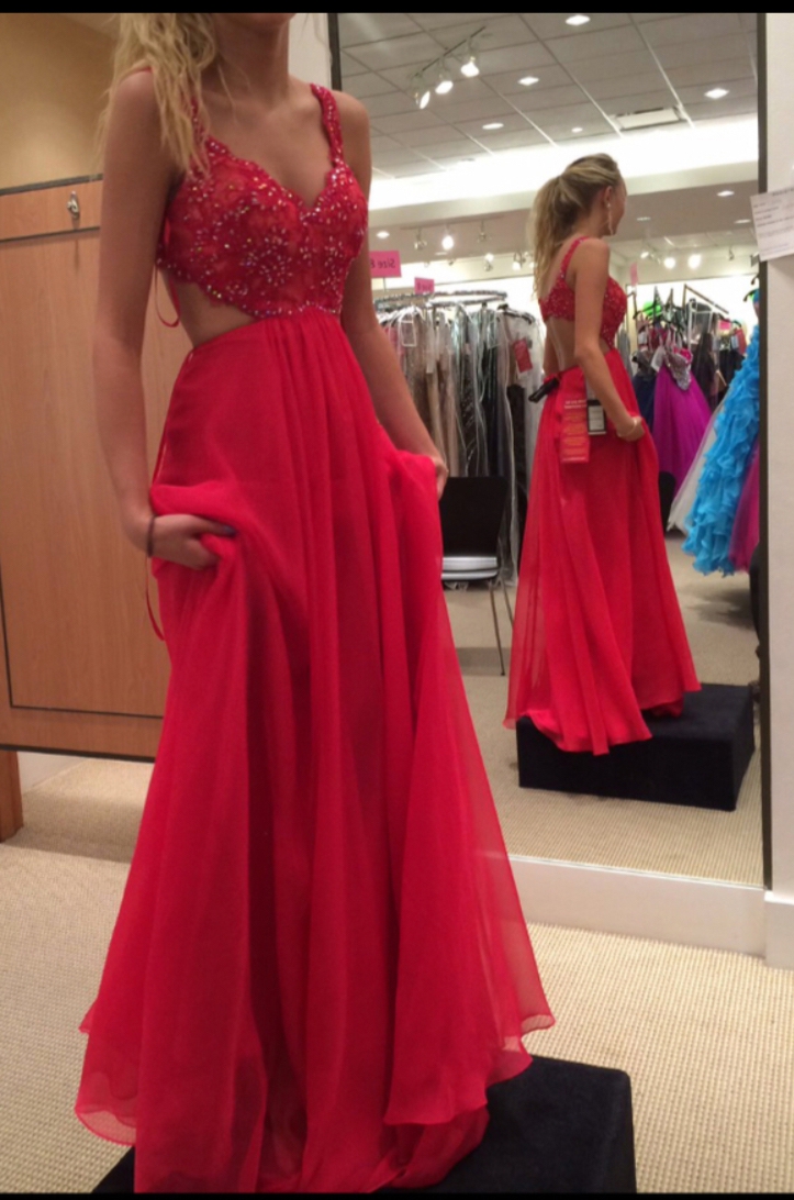 Spaghetti Strap Lace Bodice Red Chiffon Skirt Backless Prom Dressred