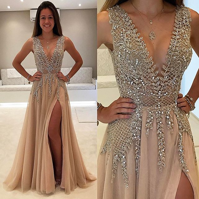 Custom Made Champagne Beading Long Prom Dresschampagne Evening Dresses