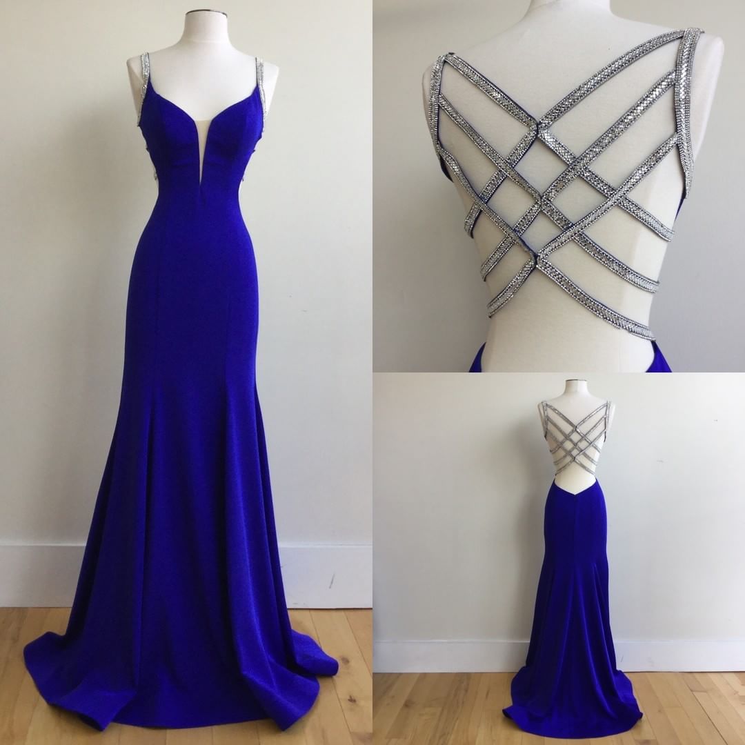 Sexy Spaghetti Straps Royal Blue Mermaid Long Prom Dress With Beading