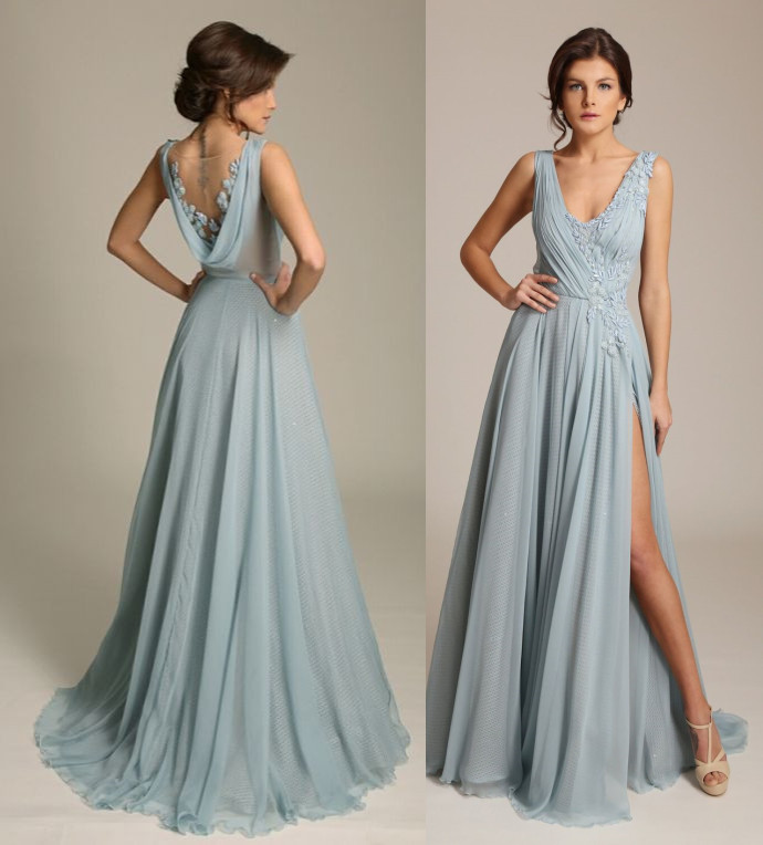 Dusty Blue V Neck Chiffon Evening Gown With Side Splitsexy Cowl Back