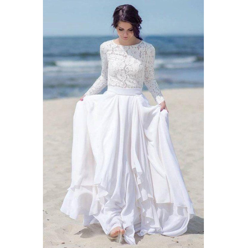 Modest Summer Beach Wedding Dress Long Sleeve Lace Top Chiffon Floor