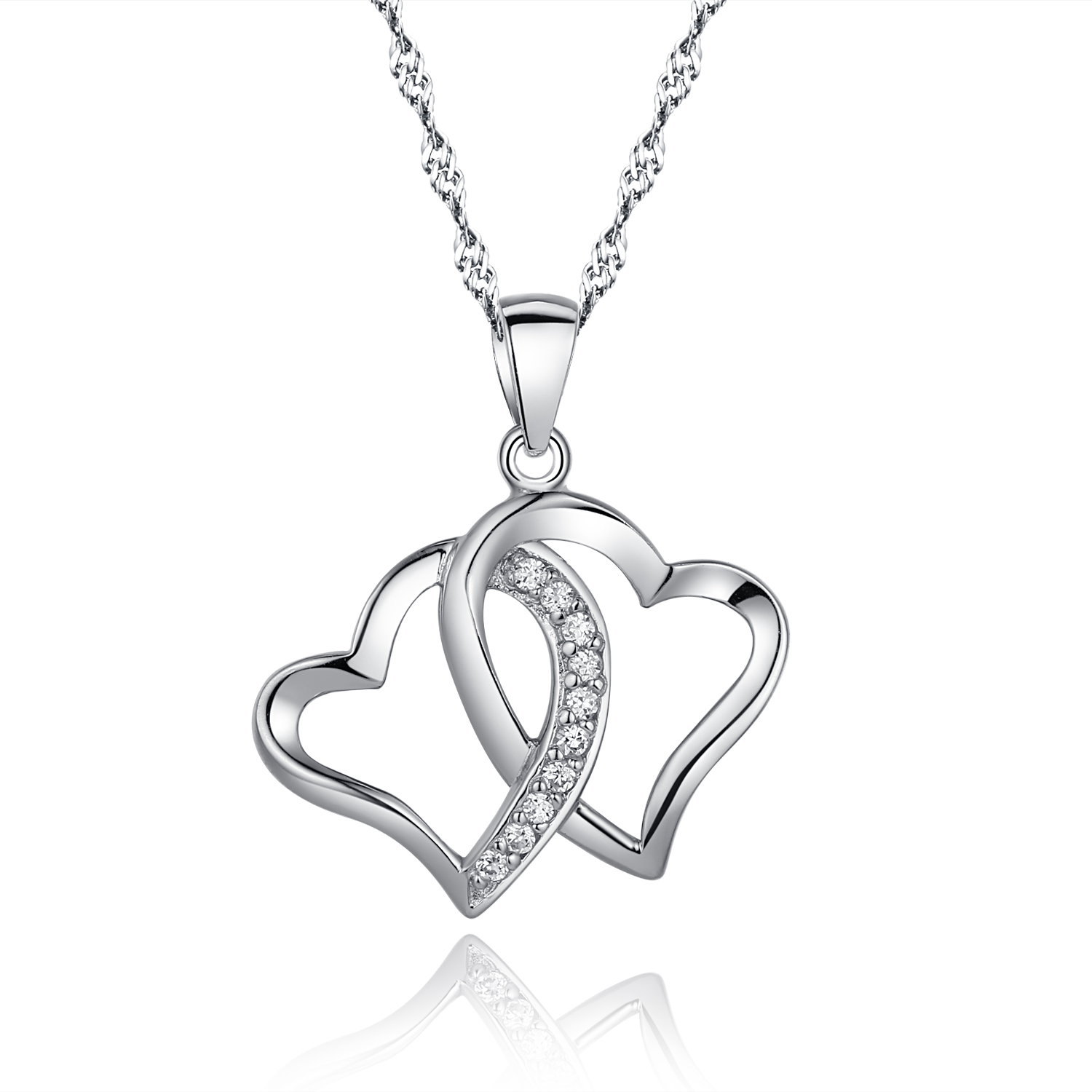 925 Sterling Silver Double Accompanied Love Heart Paved Cubic Zirconia