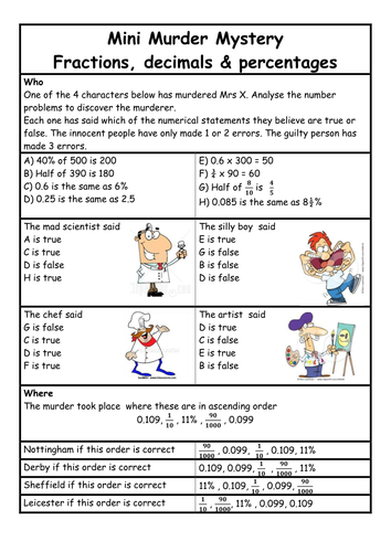 Murder Mystery Fractions Decimals And Percentages By Whieldon