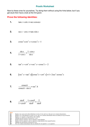 A Level Maths Reciprocal Trig Functions Worksheet By Srwhitehouse