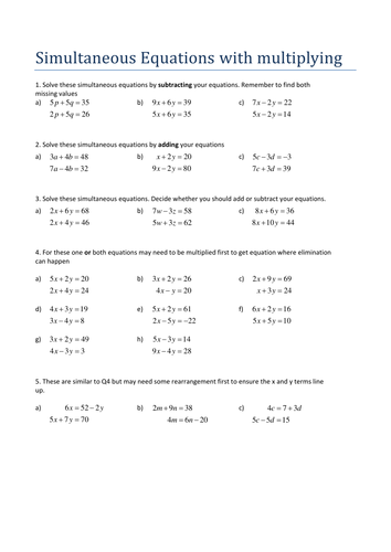 Simultaneous Equations With Multiplying Worksheet By Tristanjones