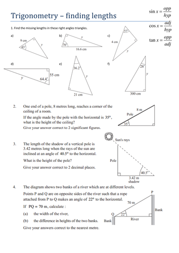 Trigonometry Finding Lengths Worksheet By Tristanjones Teaching