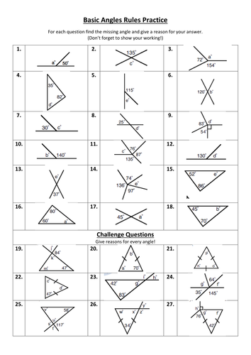 Mixed Practice Questions Using Basic Angle Facts By Ems21 Teaching