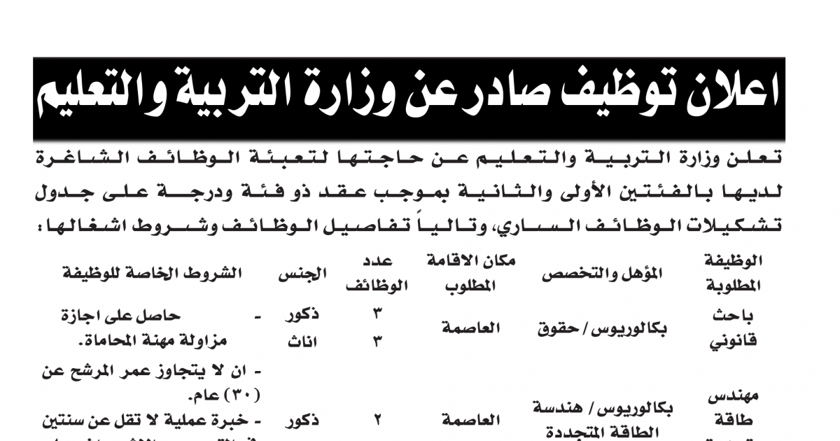 اعلان وظائف شاغرة بالفئة الأولى والثانية صادرعن وزارة التربية والتعليم