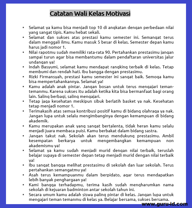 Contoh Catatan Wali Kelas Di Raport Tk