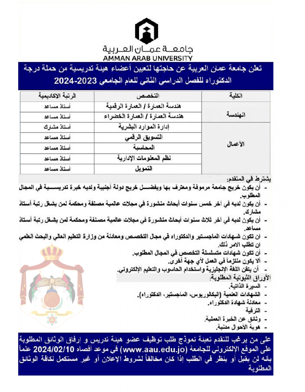 اعلان وظائف شاغرة اعلان تعيين اعضاء هيئة تدريسية صادرعن جامعة عمان