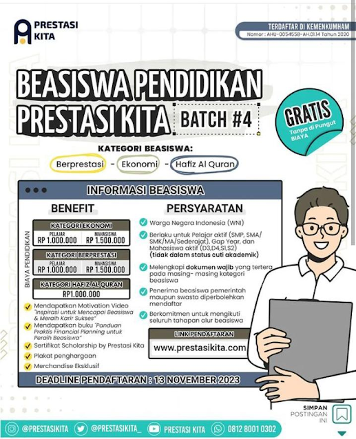 Dibukapendaftaran Beasiswa Pendidikan Prestasi Kita Batch 4 Mulai Juli