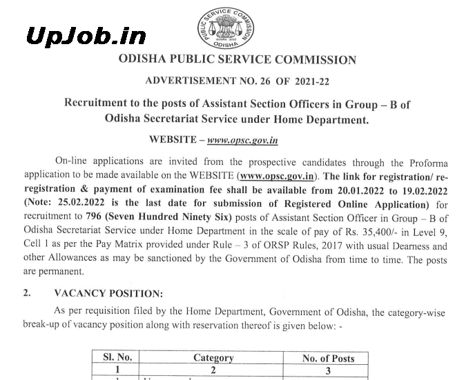 Aso Recruitment 2022 Advertisement 796 Post Opsc Assistant Section Officer