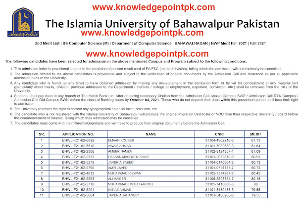 The Islamia University Of Bahawalpur Iub Bs Program Morning 2nd Merit